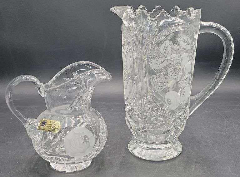 (Q) Two Clear Cut Leaded Crystal Pitchers With Floral And Fruit Designs ...