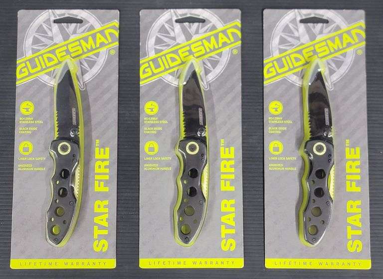 (T) Three Guidesman Star Fire Folding Pocket Knives - Kraft Auction ...