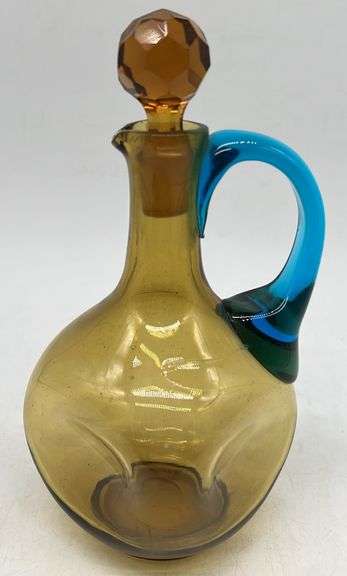 (P) Moser Bohemian Amber & Blue Pinched Blown Glass Cruet 7.5 inches ...