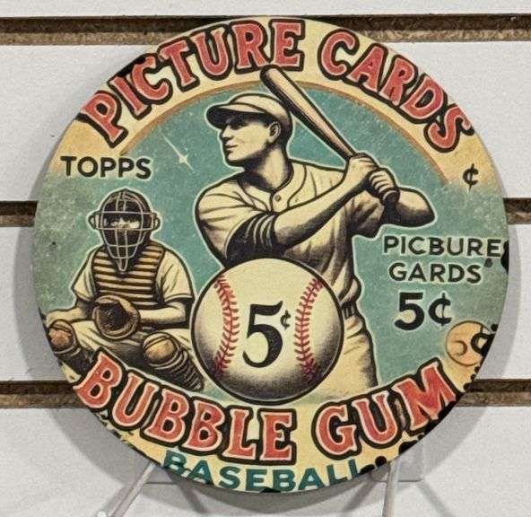 Metal Topps Picture Cards Advertising Sign 7 3/4” 5 cent Bubble Gum ...