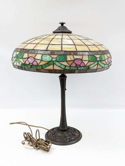Lamb Bros. Glass Shade With Cast Iron Lamp Base - Kraft Auction Service ...