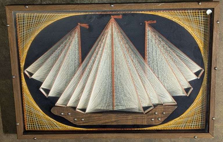 (FG) String art piece of a sailing ship, in a wood and glass frame (31 ...