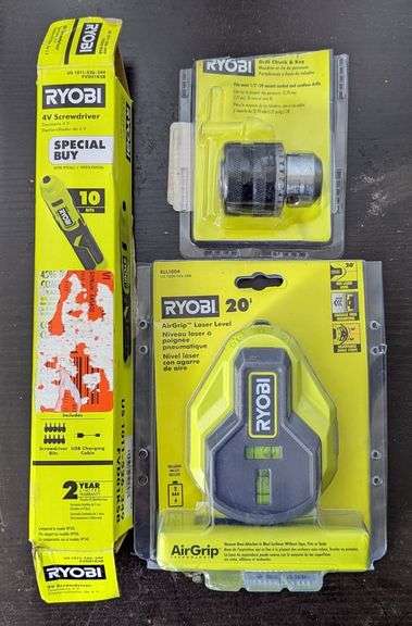 (CC) Ryobi 4V Screwdriver, Air Grip Lazer Level, and Drill Chuck and ...