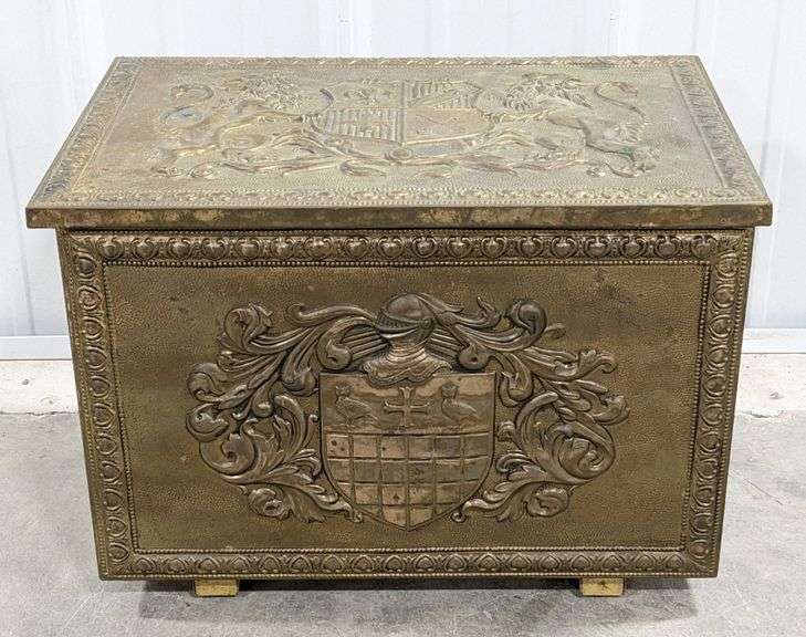 Embossed Brass Fireplace Box With Coat Of Arms - Kraft Auction Service, LLC