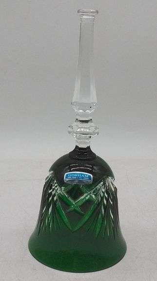 (P) Gotham Etched Green Glass Bell 8" Tall - Kraft Auction Service, LLC