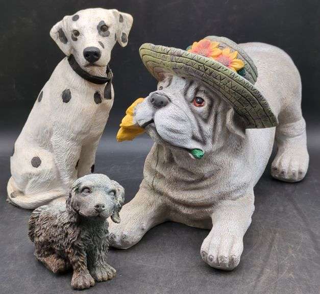 (F) Dog Statues. Dalmatian Door Stop, Little Mut, Daisy Picker w/ Hat ...