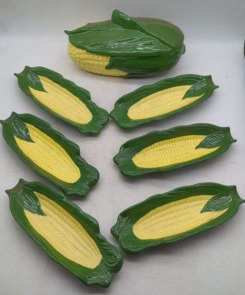 (F) Ceramic Corn shaped bowl with individual corn holders. Approx 11 ...