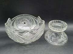 (F) Vintage LE Smith Glass Aztec Punch Bowl with Pedestal, 12 Matching ...