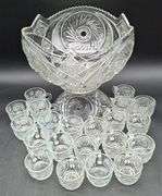 (F) Vintage LE Smith Glass Aztec Punch Bowl with Pedestal, 12 Matching ...