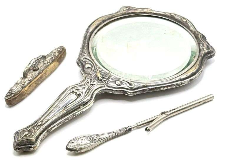 Antique Sterling Silver Repousse Vanity Mirror, Nail Buffer and Curling ...