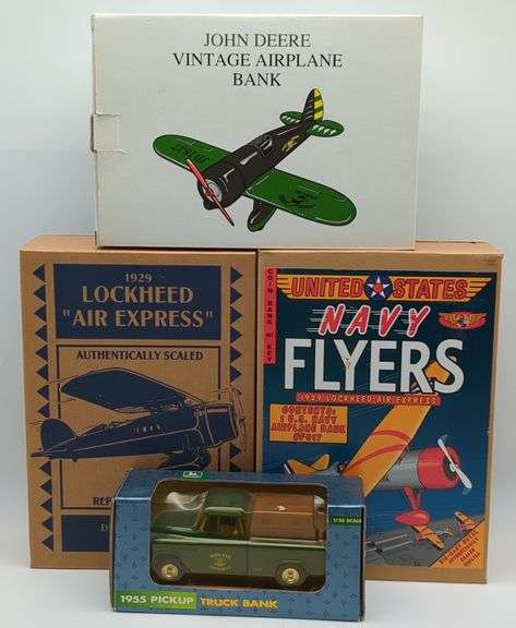 (G) Vtg Banks. John Deere Airplane & 1955 Pickup, 1929 Lockheed "Air ...