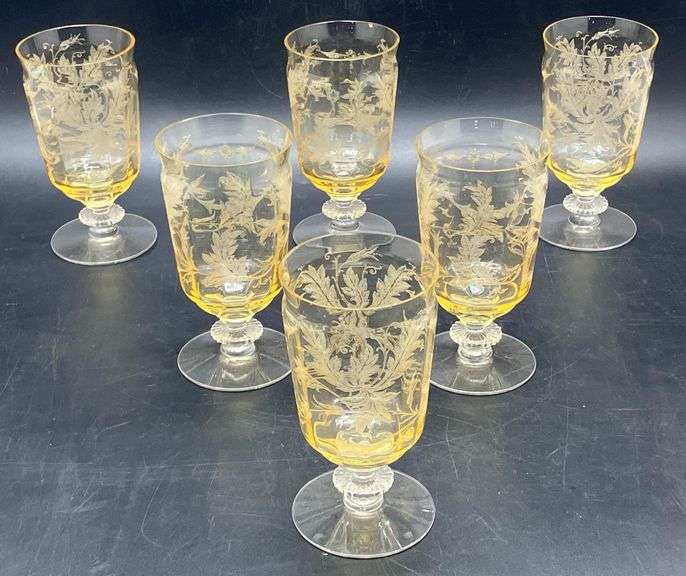 (H) Tiffin Franciscan Cadena amber yellow water goblet with etched ...