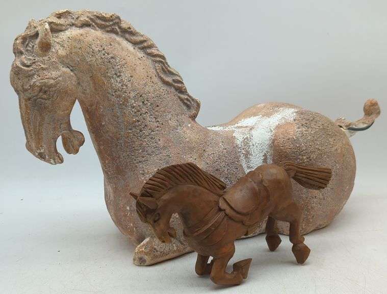 (AF) Horses. Austin Tang Sculpture 21 inch &. Vtg Wood Hand Carved Folk ...