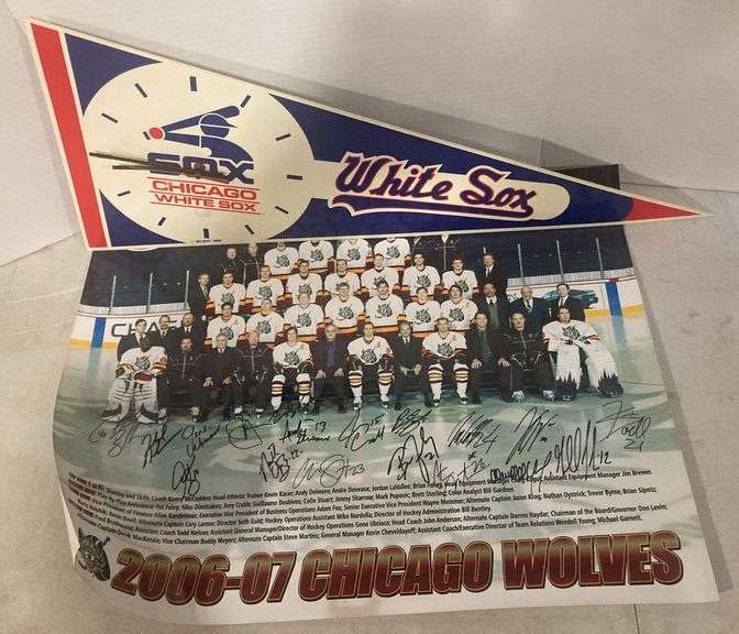 (I) Vintage Chicago White clock and signed Chicago Wolves poster not ...