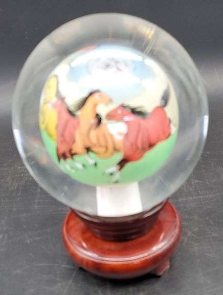 (AB) Chinese hand painted rotating glass globe wood base - Kraft ...