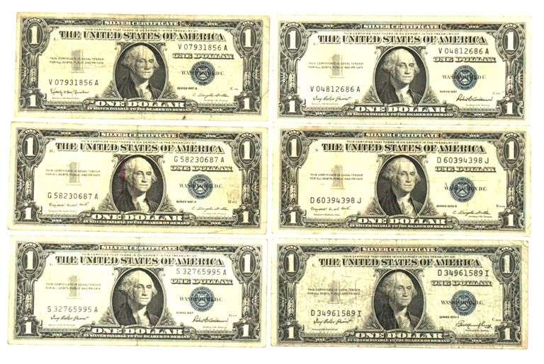 (6) U.S. $1 Federal Reserve Notes, Silver Certificates Blue Seal ...