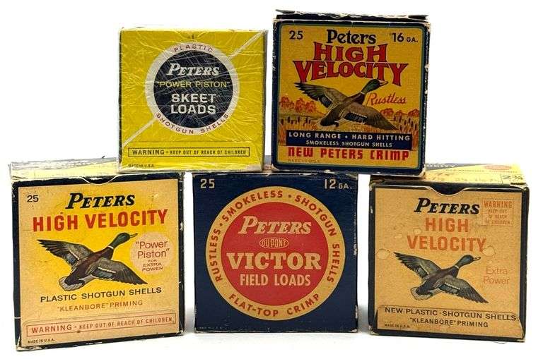 5 Vintage Peters Shotgun Shell Boxes with Ammo - Kraft Auction Service, LLC
