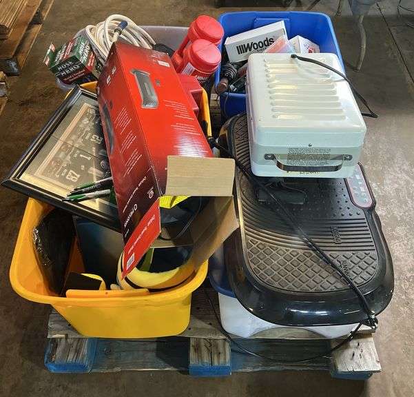 (F) Pallet With Garden Hoses , Space Heaters , Cleaning Rags Rags and ...