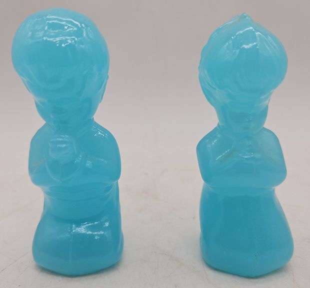 (R) Blue Satin Glass Fenton Boy & Girl Praying Figurines. 4" Tall ...