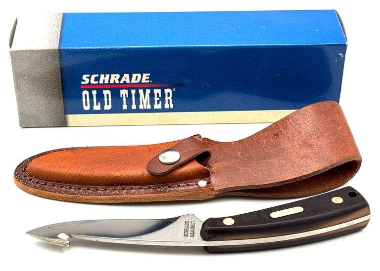 Schrade Old Timer 158OT Guthook Skinner Blade Knife w Leather Sheath ...