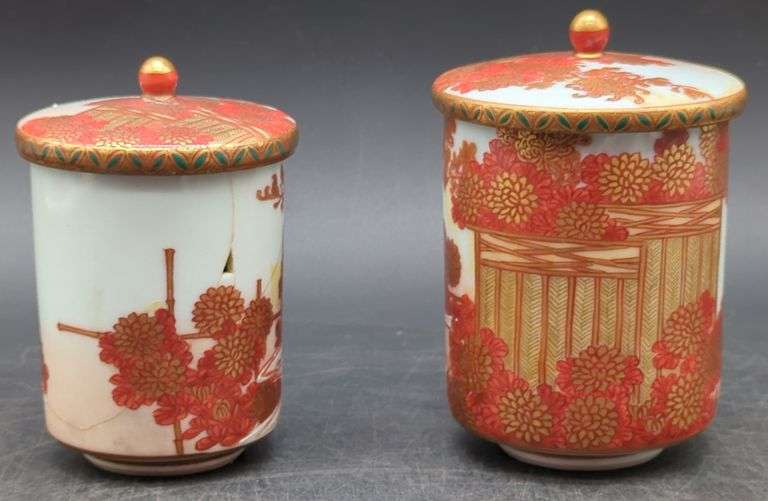 (PQ) Japanese Kutani Ware Tea Cups. W/ Lids. 4 inch largest. Smaller ...