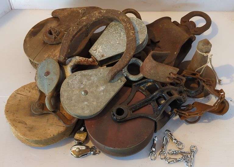 Cast Iron And Wood Pulleys, Small Brass And Steel Pulleys, Ladder Rung ...