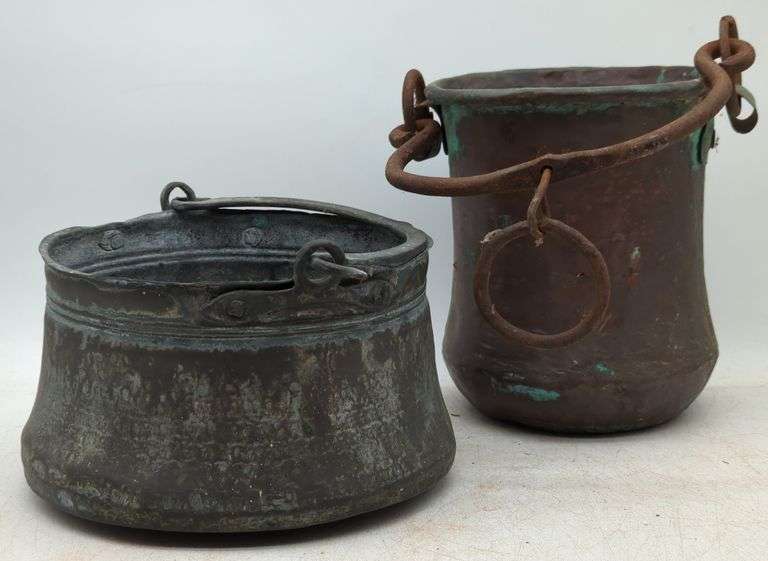 (A) Antique Copper Pails. Hammered Copper Cauldron/Boiler W/Handle ...
