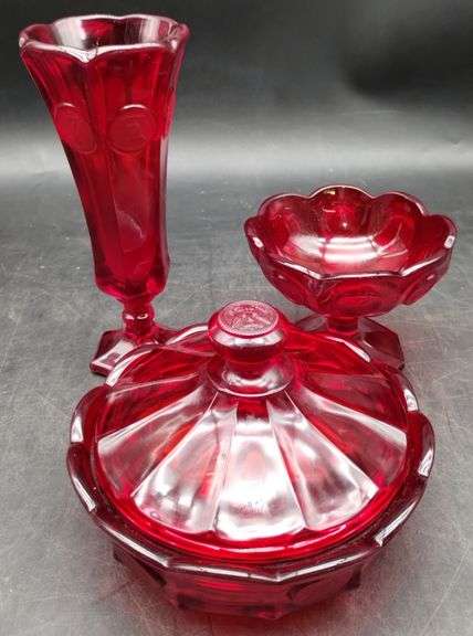 (R) Fostoria Coin Glass Ruby Red Candy Dish, Pedestal Bowl and Vase ...