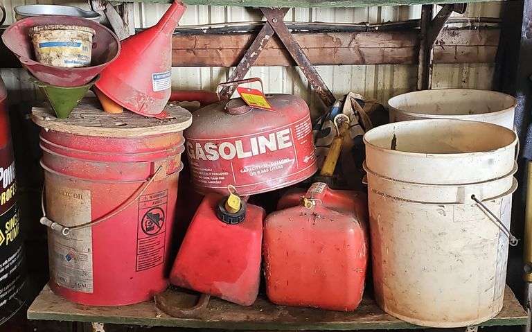 Contents Of Shelf, Includes: Gas Cans, Buckets, Funnels And More ...