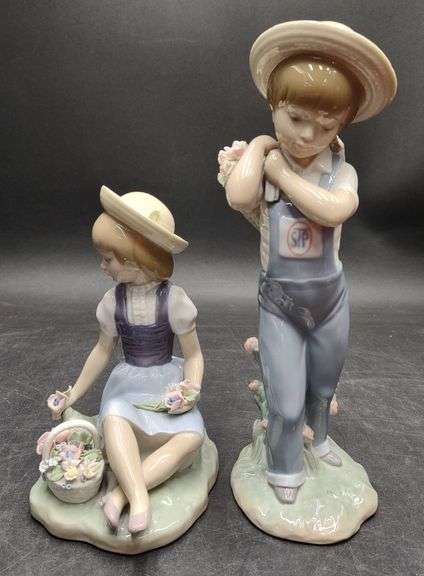 (AC) Lladro "With Wild Flowers" & "Flower Harvest" Porcelain Figurines ...