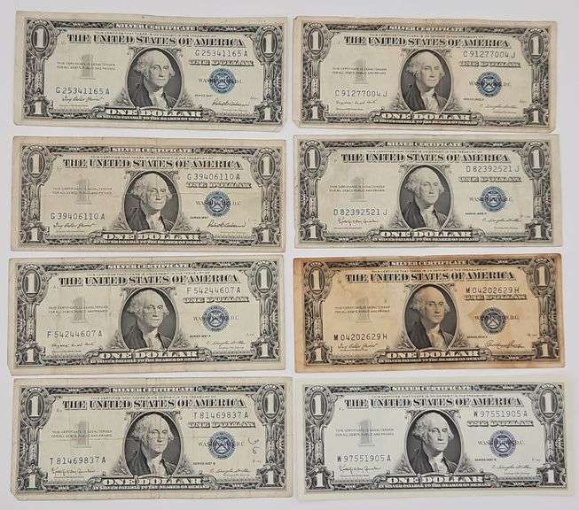 (A) 8 - Blue Seal Silver Notes $1. 1935E, 1935G, 1935H, 1957, 1957A ...