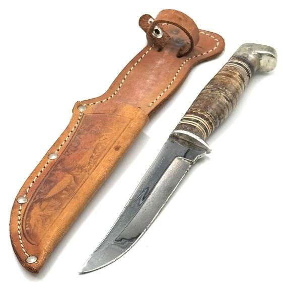 Boker USA Tree Brand 155-5 Fixed Blade Hunting Knife with Leather Sheath - Kraft Auction Service ...
