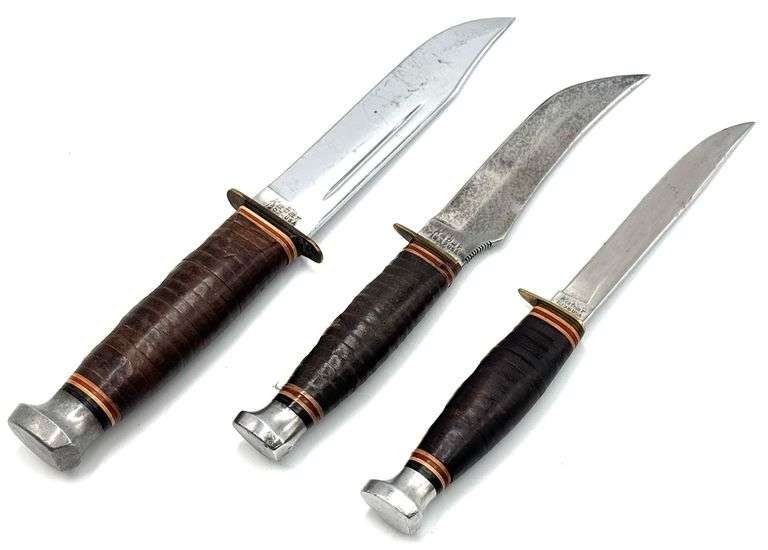 (3) KA-BAR Fixed Blade Stacked Leather Handle Knives - Kraft Auction ...