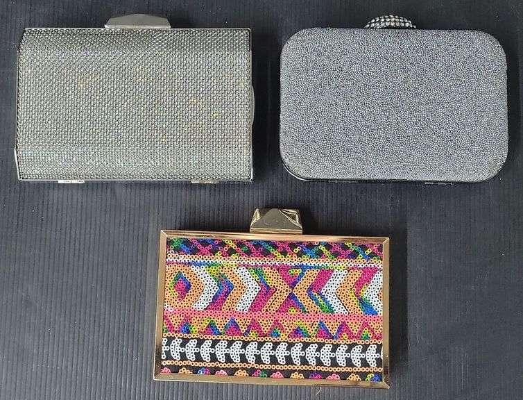 (AC) Three Hard Shell Purses Includes Two Silver And One Multi Colored ...