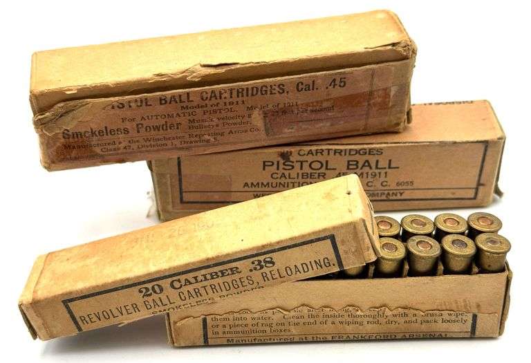 (3) M1911 .45 & .38 Cal Pistol Ball Ammunition in Boxes - Kraft Auction ...