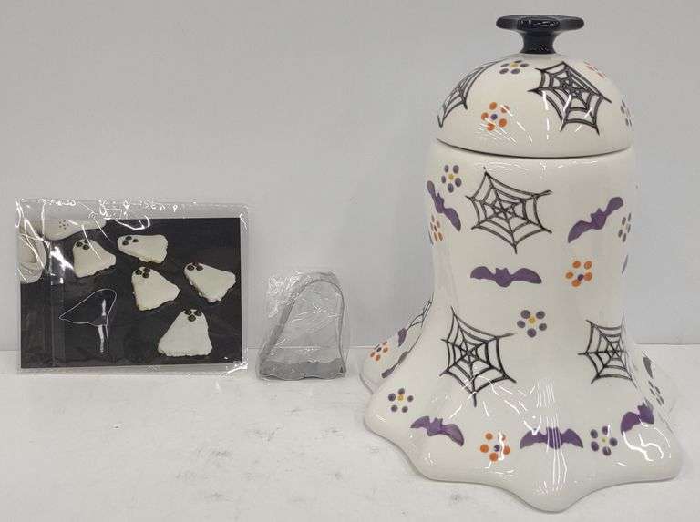 (CJD) Temp-Tations Ceramic Halloween Cookie Jar w/ Ghost Cookie Cutter ...