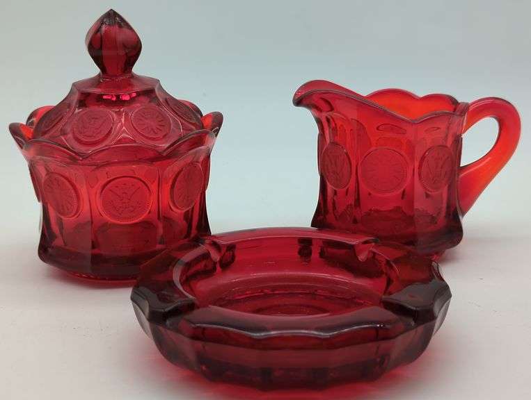(R) Vtg Fostoria Red Coin Pattern. Ashtray , Cream and Sugar. 5 inch ...