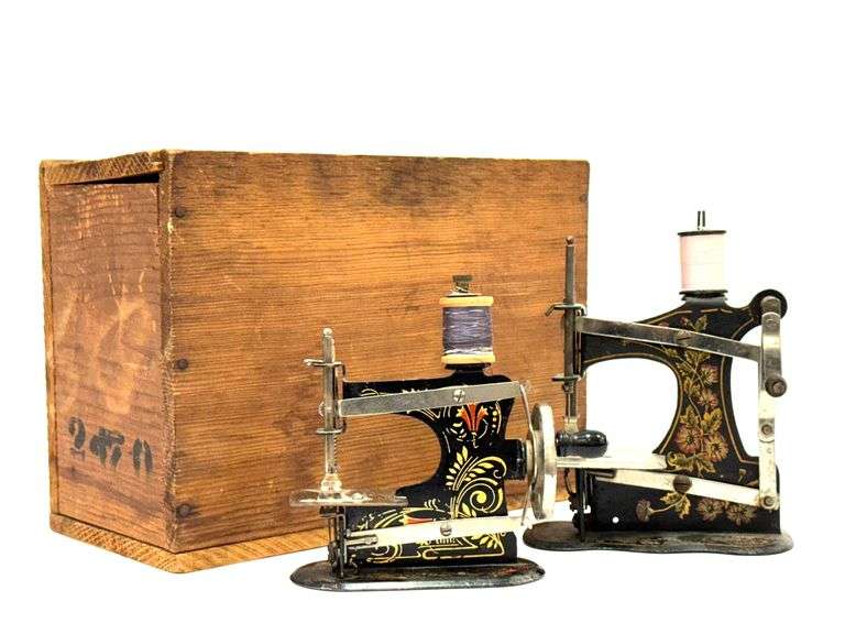(2) Vtg. German Tin Litho Children's Sewing Machines In Wooden Crate ...