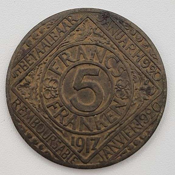 1917 Ghent Belgium 5 Francs WW1 German Occupation Coin - Kraft Auction ...