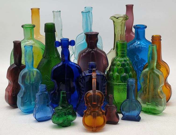 (L) Colored Blown Glass & Collectors Bottles. Banjos, Cello's and more ...