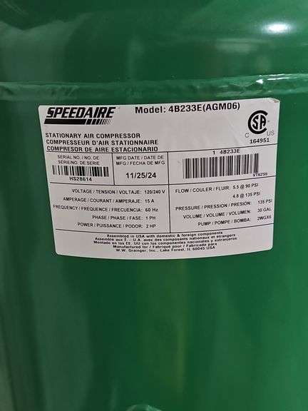 Speedaire Stationary Air Compressor. Model# 4B233E - Kraft Auction ...