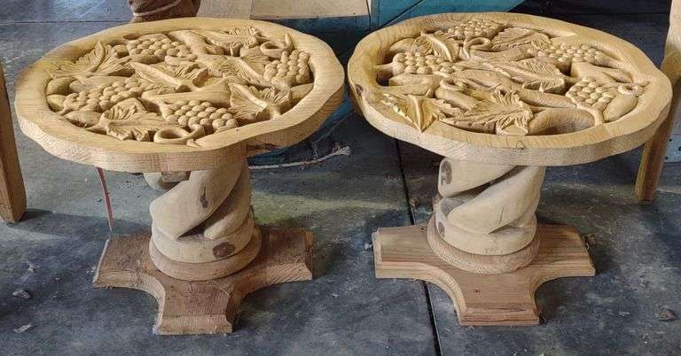 Carved Wood Floral/Grape Side Tables - Kraft Auction Service, LLC