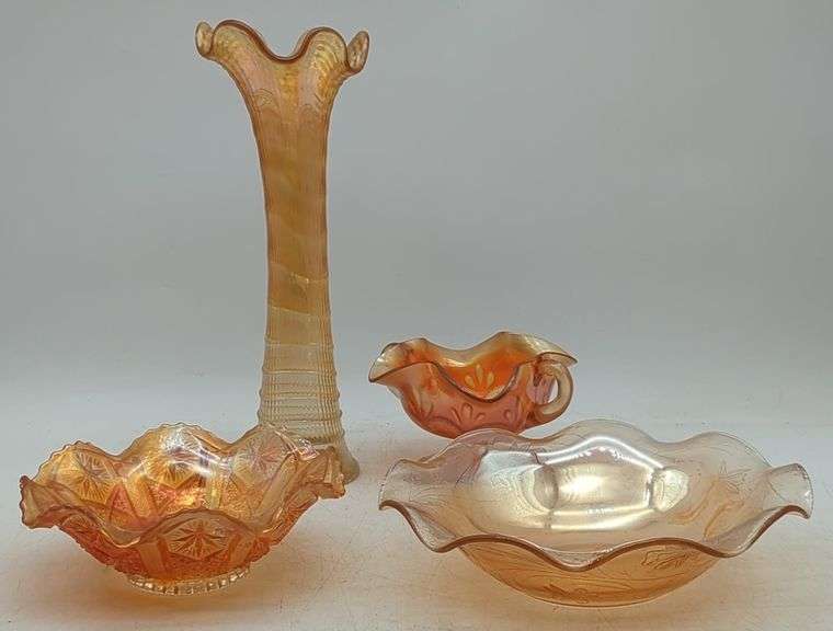 (K) Carnival Glass. Marigold Vase, Garden Path Handle Bowl, Flora Gold ...