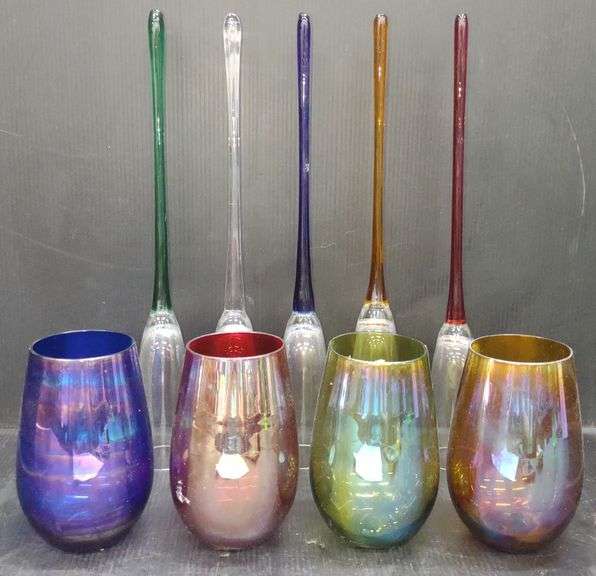(Y) Vtg. Bohemian Baseless Champagne Flutes & Iridescent Glass Stemless ...