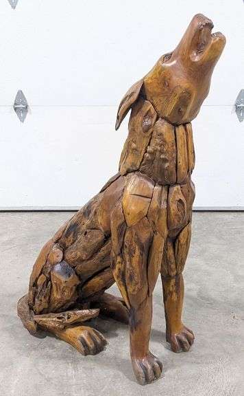 4ft Teak Wood Howling Dog / Wolf Sculpture - Kraft Auction Service, LLC