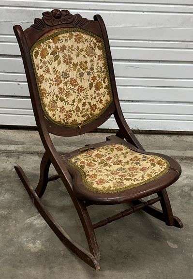 (W) Victorian Style Carved Wood Brocaded Folding Rocking Chair - Kraft ...