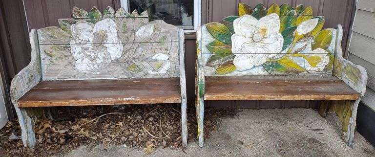 Carved Painted Wood Mexican Made Benches - Kraft Auction Service, LLC