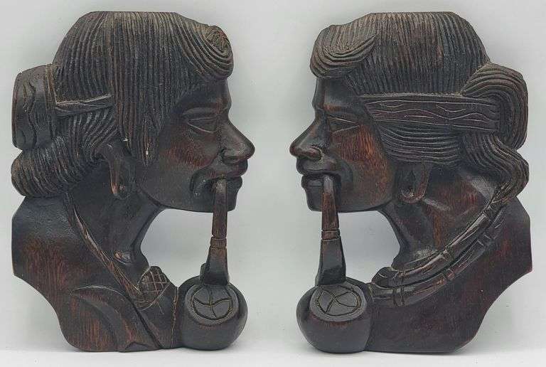 Pair Of Vintage Philippines Igorot Wood Woman Smoking Pipe Wall ...