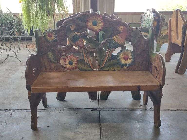 Hand Carved Painted Wood Mexican Made Bench - Kraft Auction Service, LLC