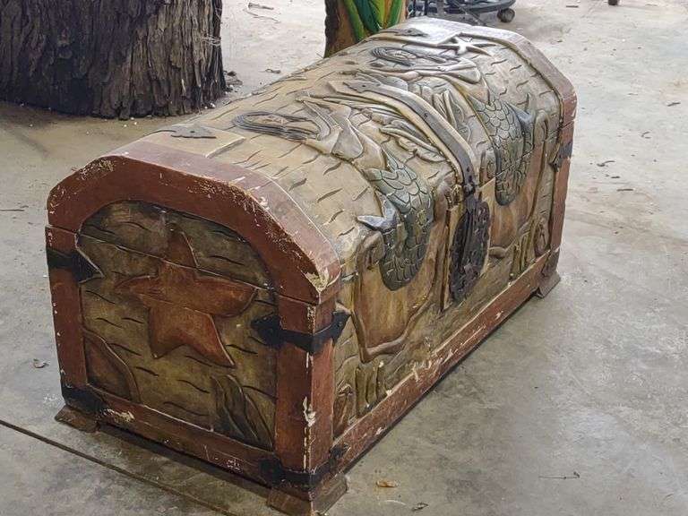 Carved Painted Wood Trunk w/ Contents - Kraft Auction Service, LLC